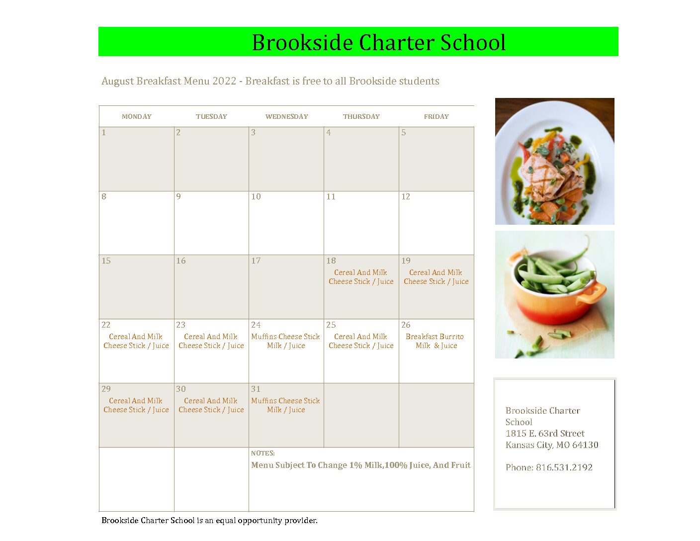 Food Menus - Brookside Charter School