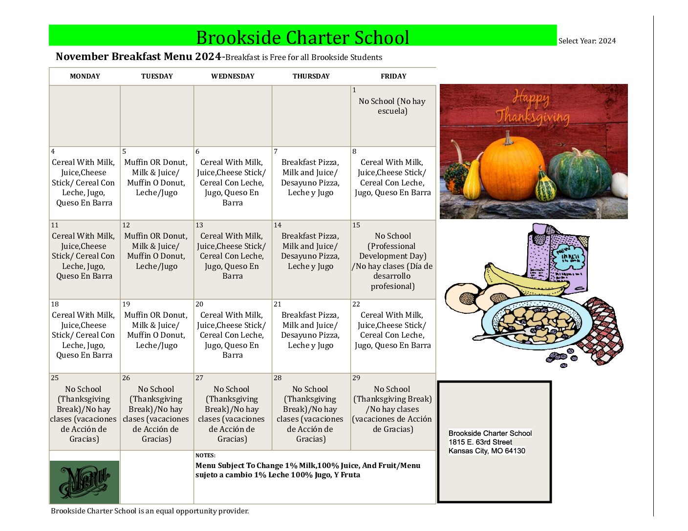Food Menus - Brookside Charter School